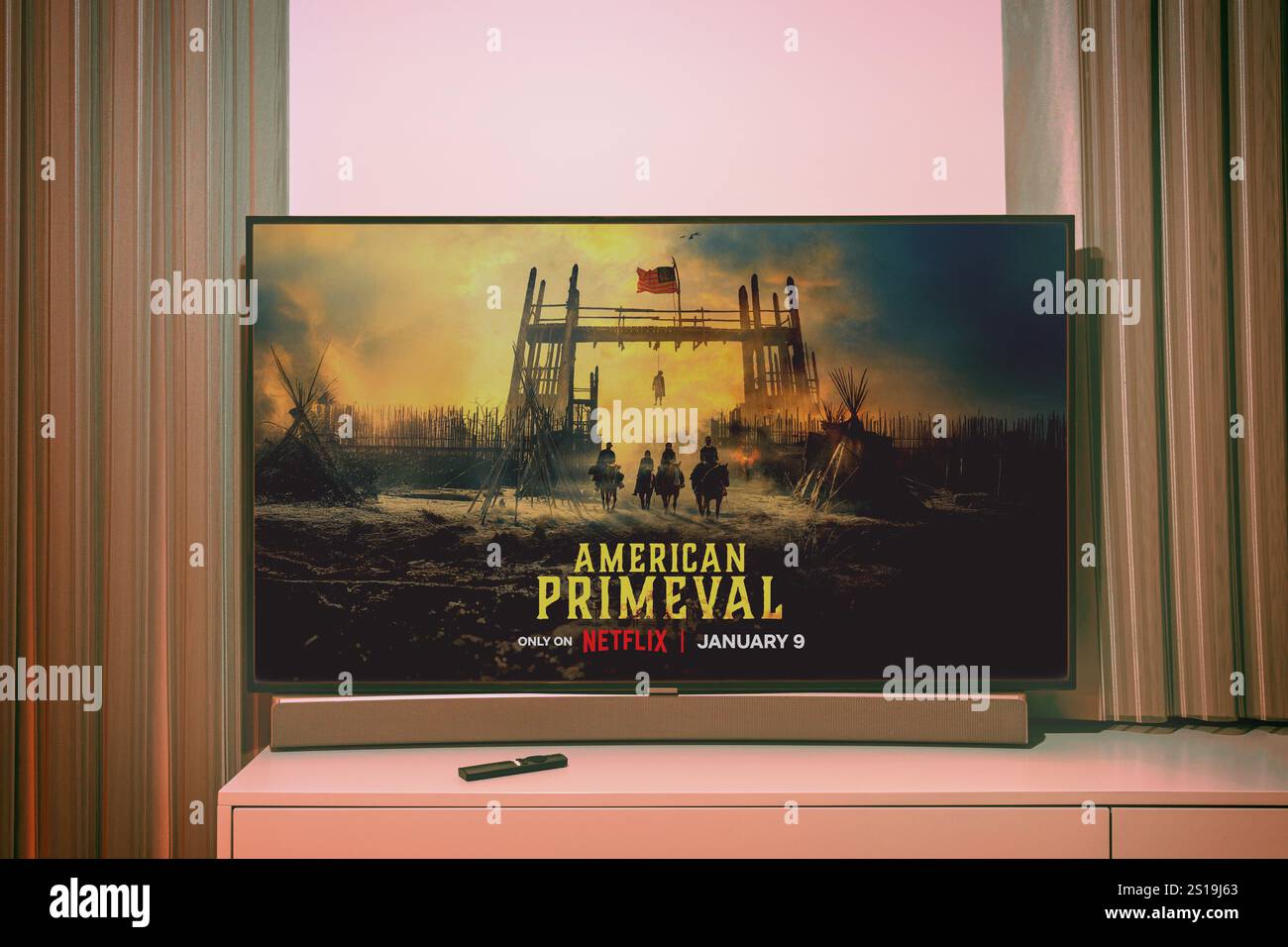 A television displaying a promotional image for the Netflix series ...