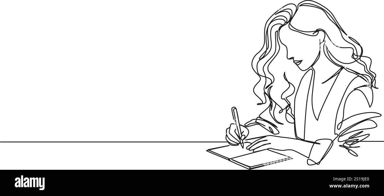 continuous line drawing of woman writing in journal or diary, line art ...