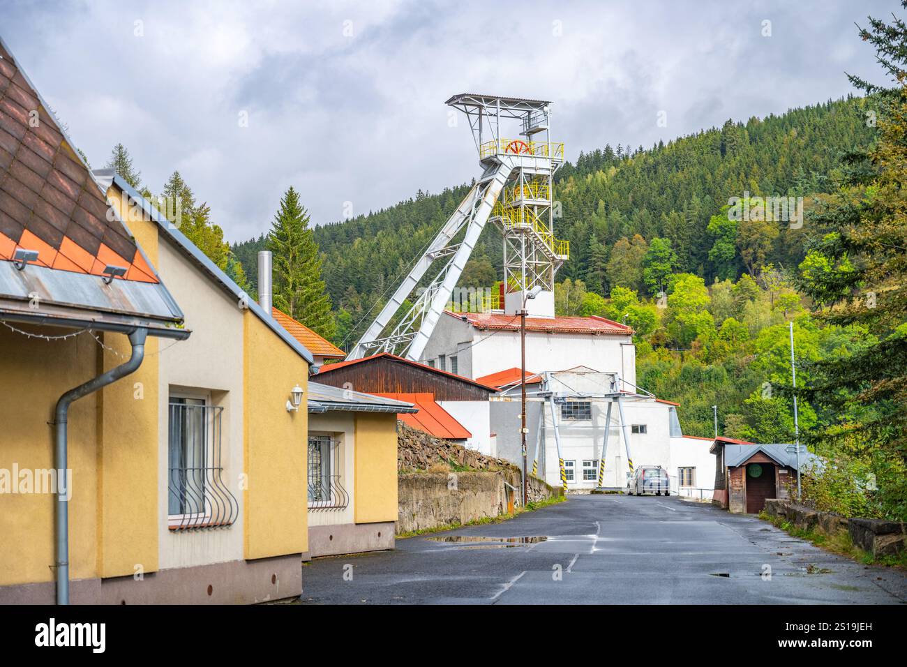 The historic mining tower in Jachymov, Czechia, stands against a ...