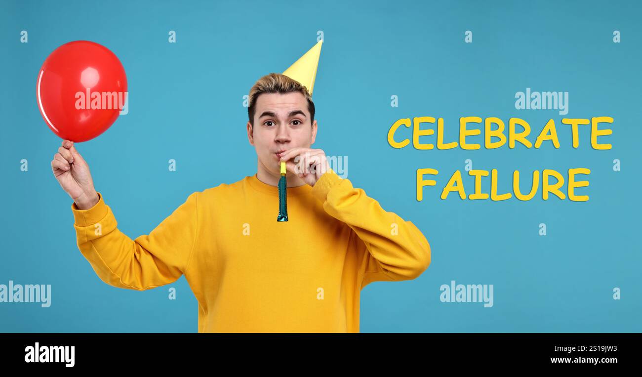 Celebrate failure. Young man with party hat, blower and balloon on ...