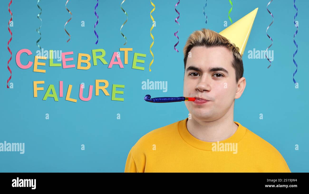 Celebrate failure. Young man with party hat and blower on light blue ...