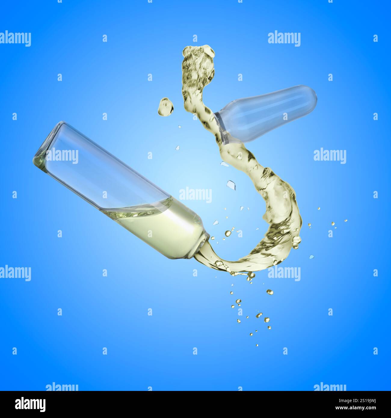 Open ampoule with splashing liquid in air on blue background Stock ...