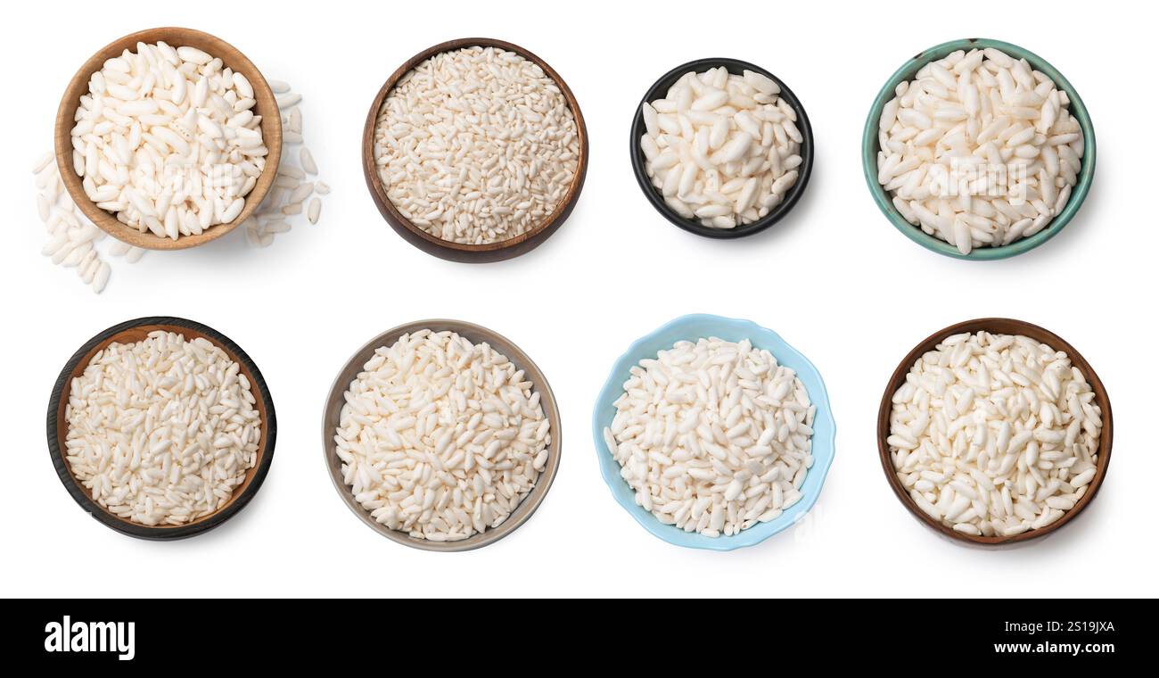 Crispy puffed rice in bowls isolated on white, set. Top view Stock ...