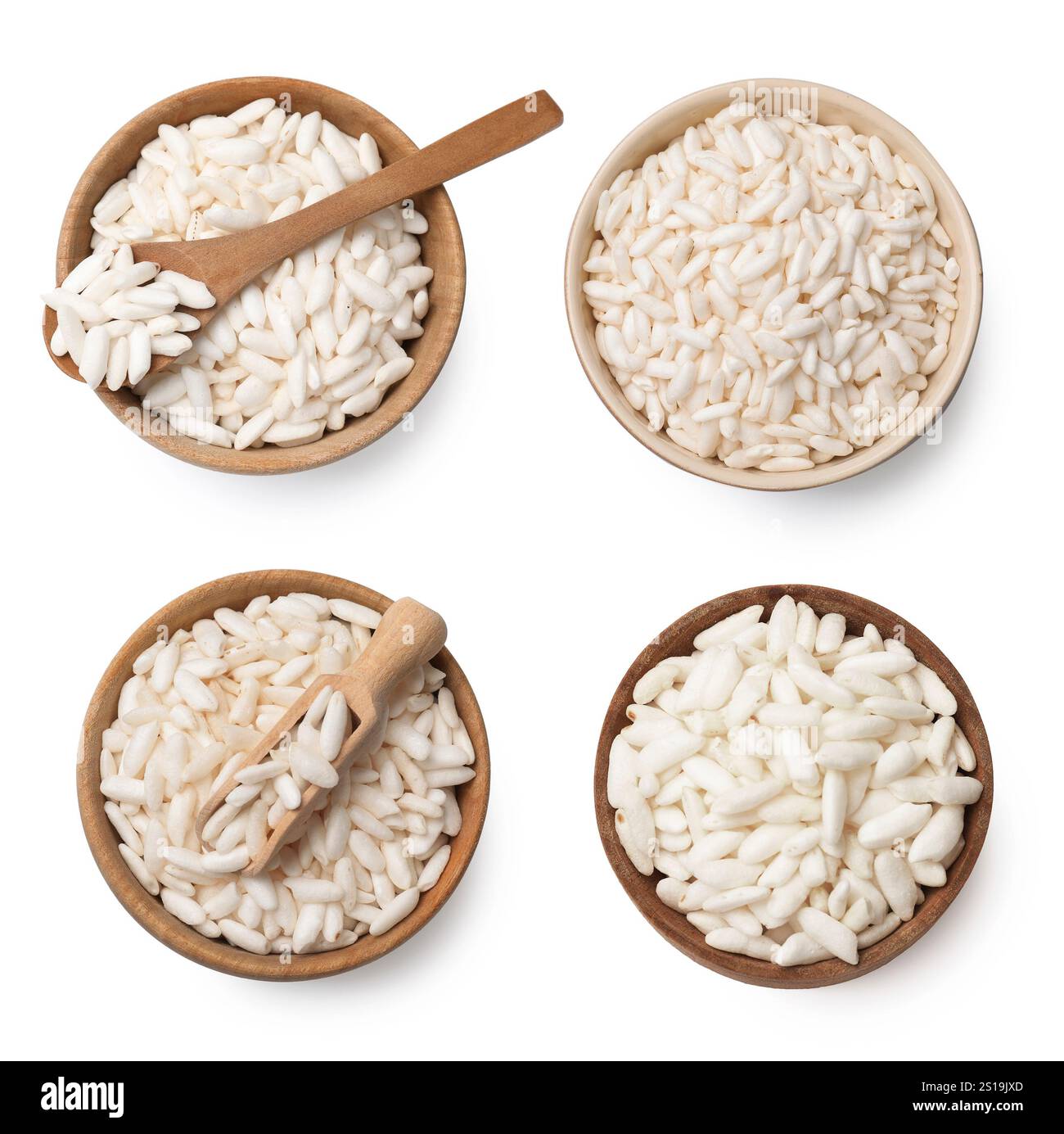 Crispy puffed rice in bowls isolated on white, set. Top view Stock ...