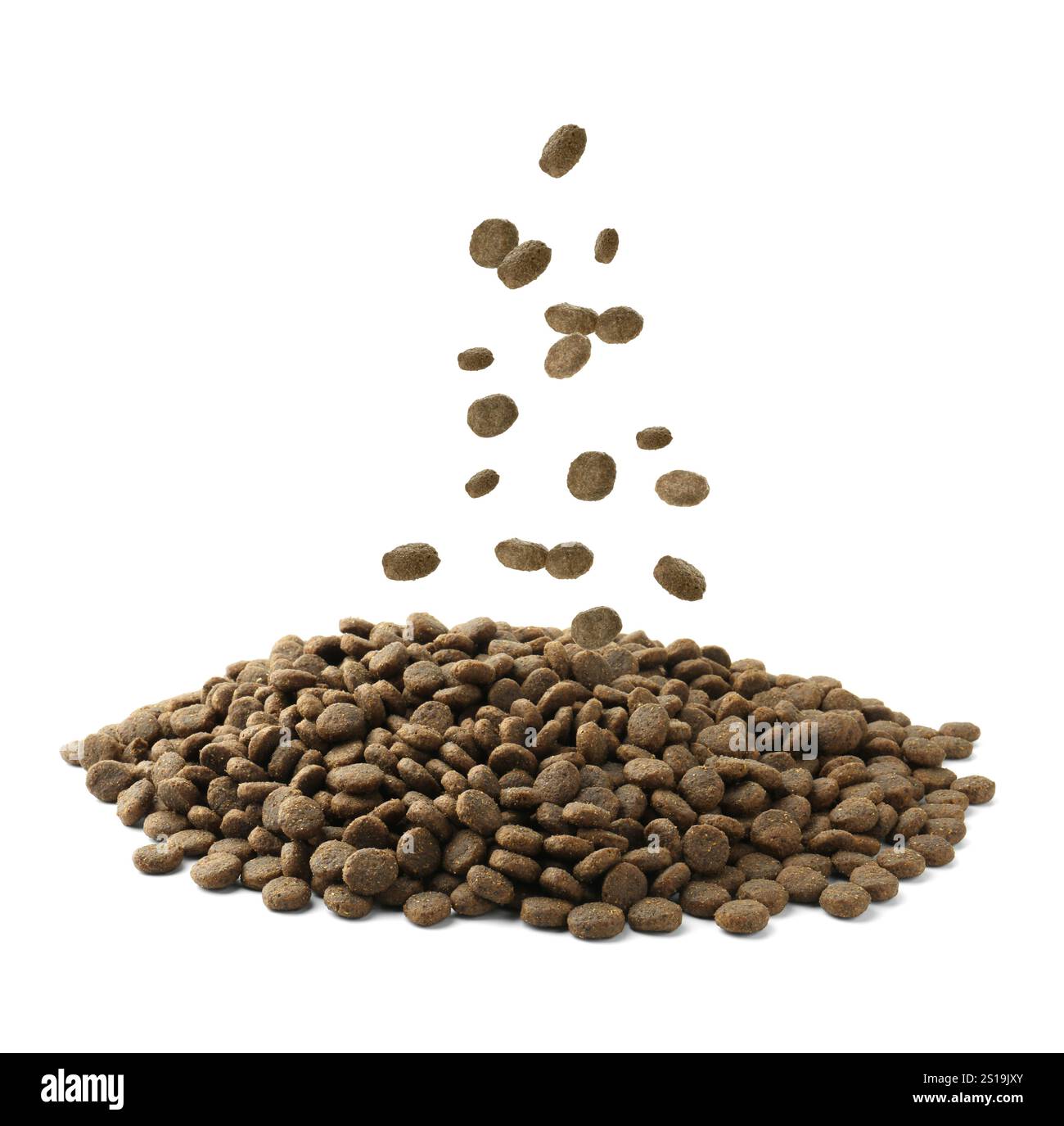 Dry pet food falling onto heap on white background Stock Photo - Alamy
