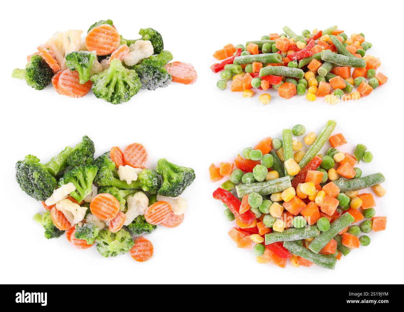 Different frozen vegetables isolated on white, collage. Top and side ...