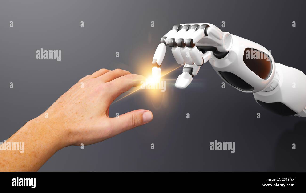 Human and robotic hand touching, spark of light, ai integration ...