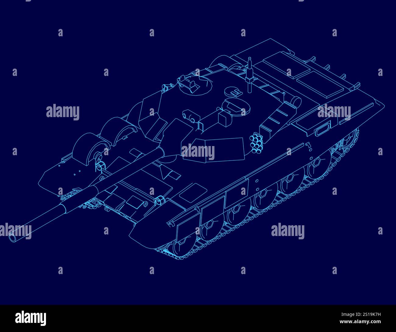 Blue drawing of a tank with a blue outline. The tank is shown in a ...