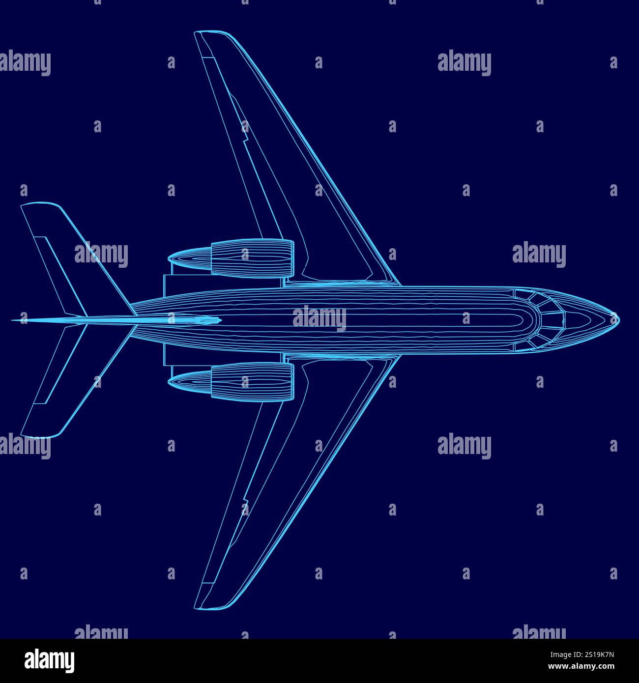 Blue airplane is shown in a blue background. The airplane is a jetliner ...