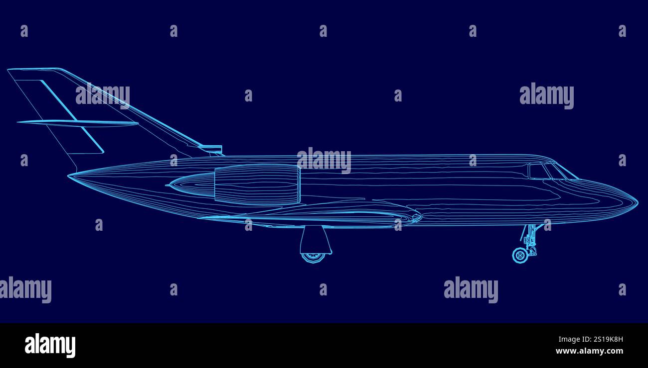 Blue airplane is shown in a computerized drawing. The image is of a jet ...