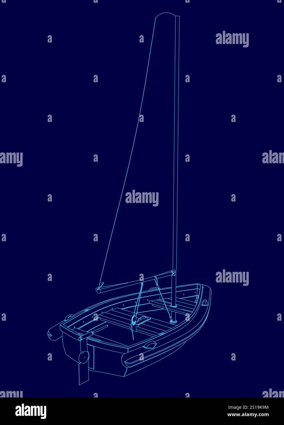 Blue drawing of a sailboat with a sail. The sailboat is small and has a ...