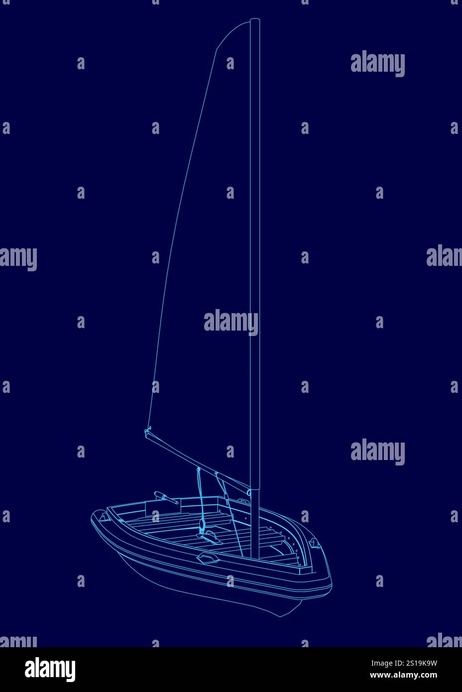 Blue drawing of a sailboat with a blue background. The sailboat is ...