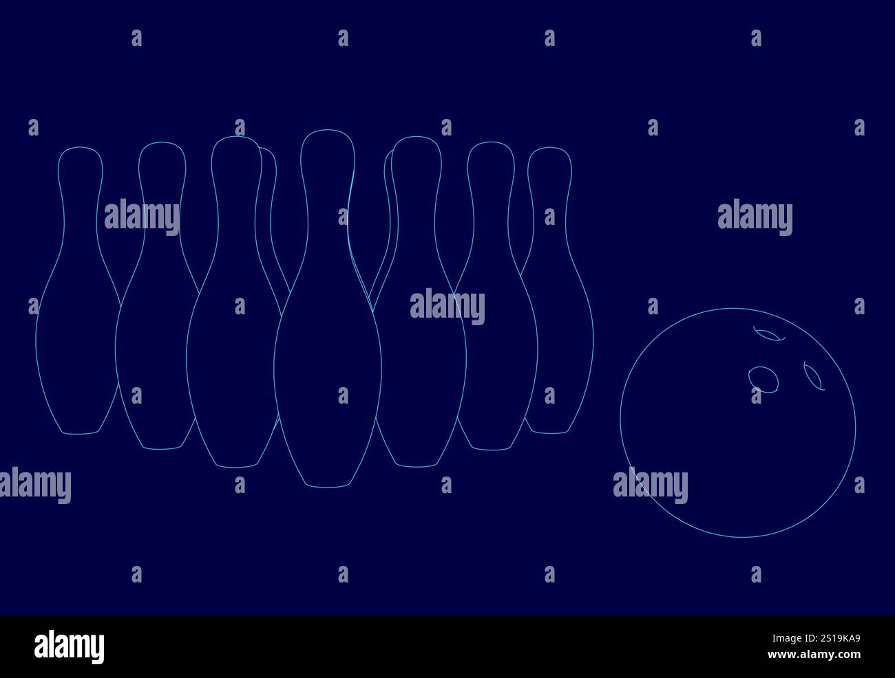 Blue background with a bowling ball and a set of bowling pins. The pins ...