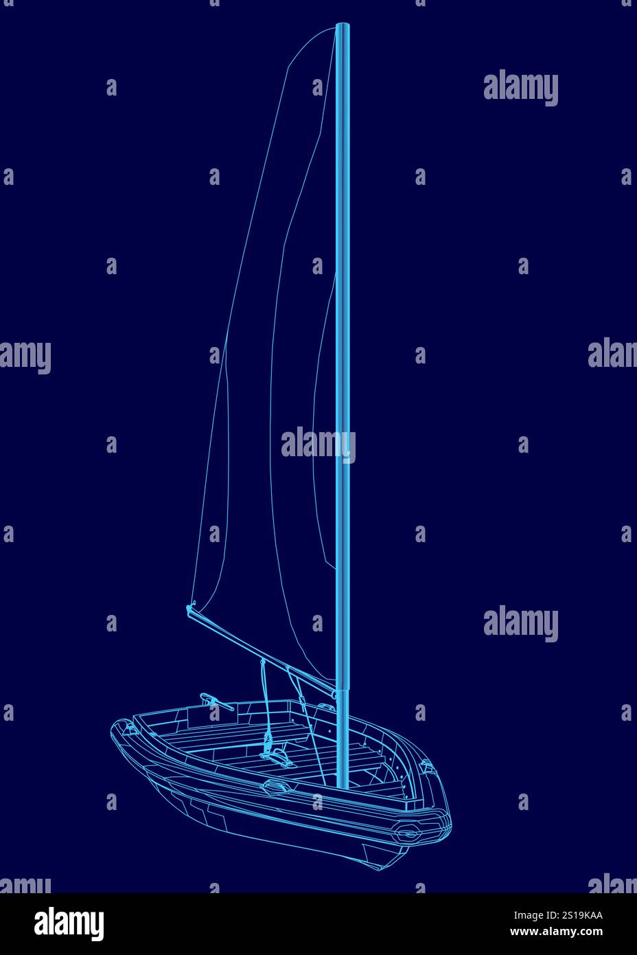 Blue sailboat is shown in a blue background. The sailboat is a small ...