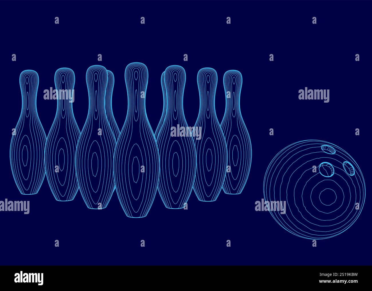Blue image of a bowling ball and a set of bowling pins. The bowling ...