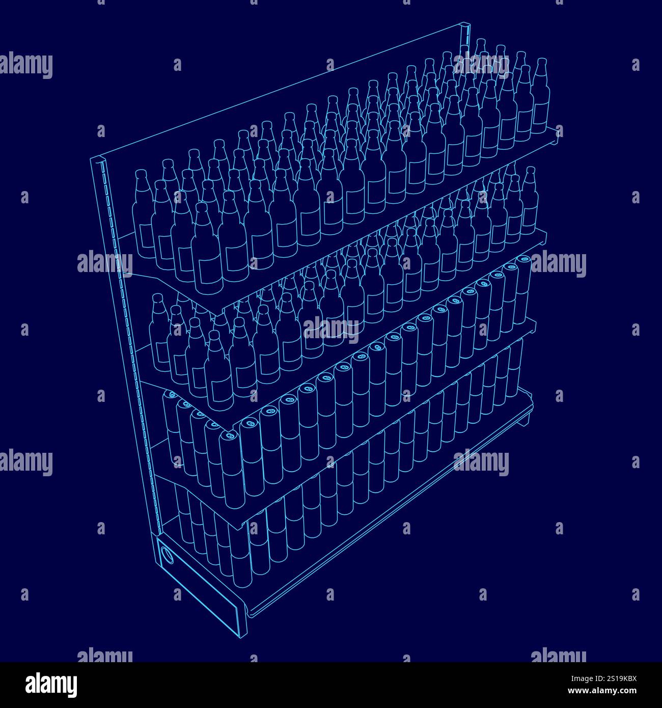 Blue image of a store shelf with many bottles of beer on it. The shelf ...