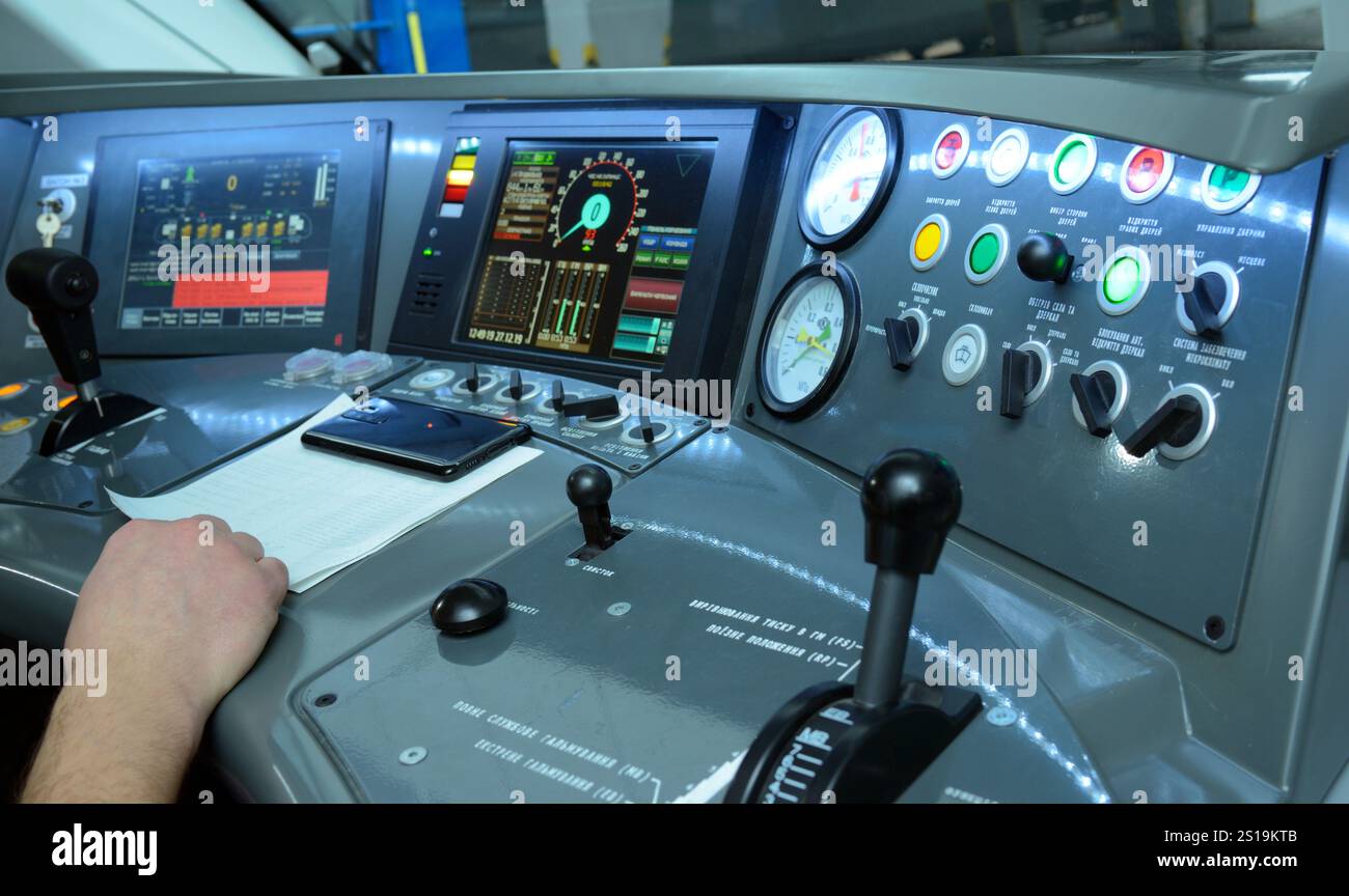Dashboard of the passenger train, start lever, control panel ...