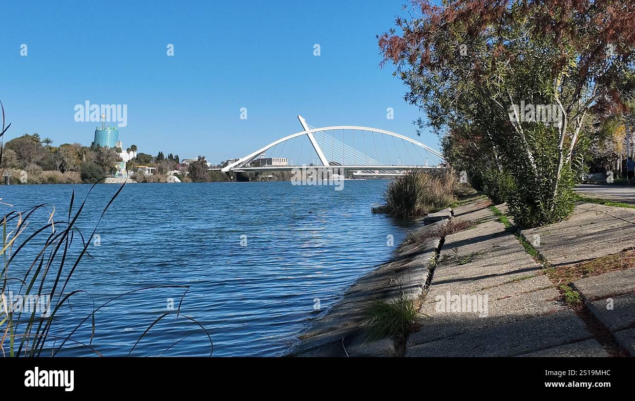 The sleek Puente de la Barqueta bridge, built in 1992, spans a channel ...