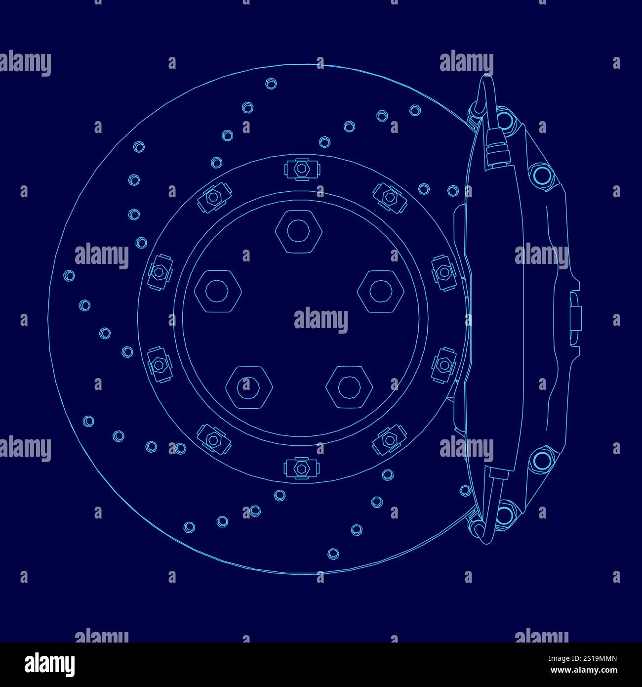 Blue drawing of a car's brake disc with a blue outline. The drawing is ...