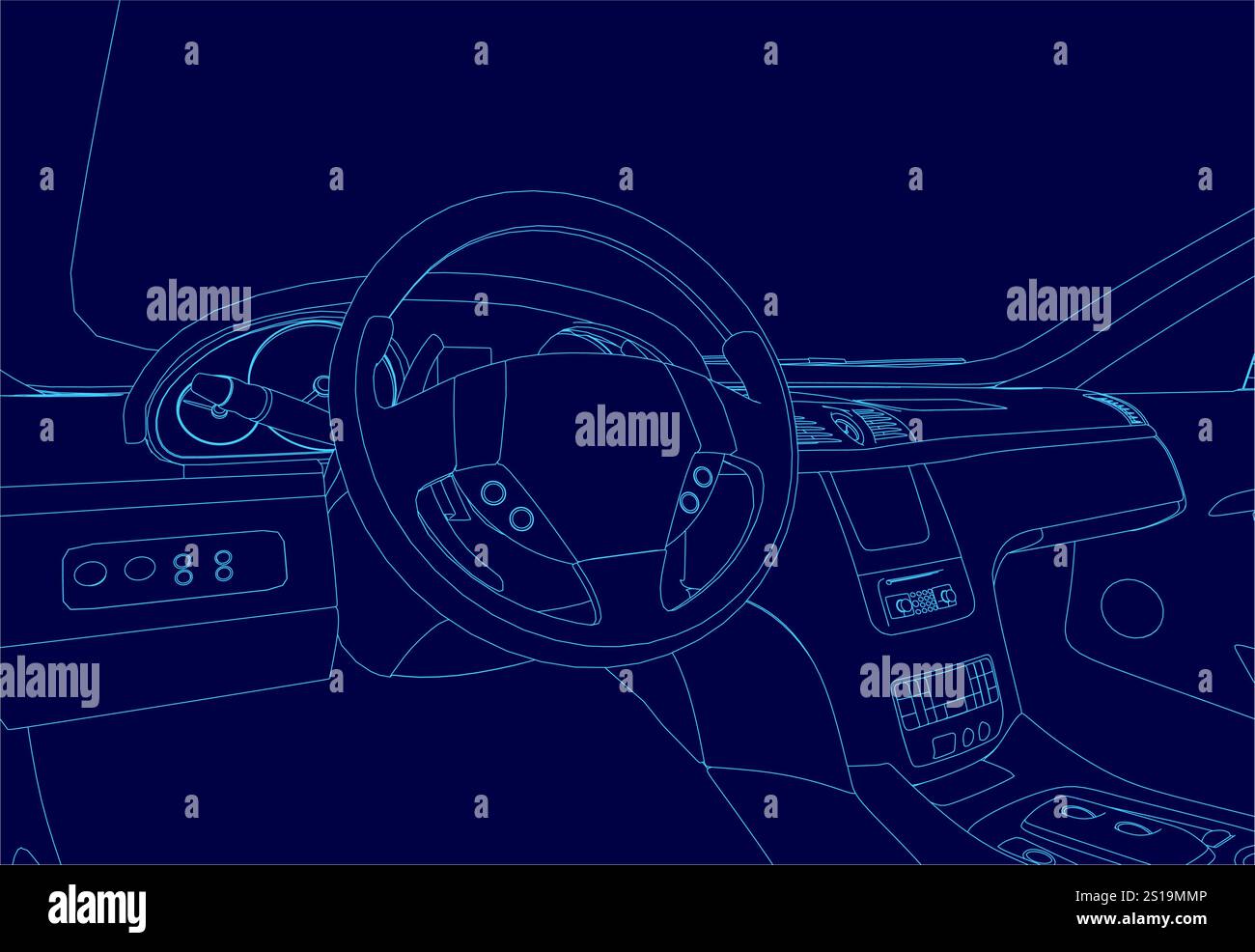 Blue drawing of a car's interior with a steering wheel and a gear shift ...
