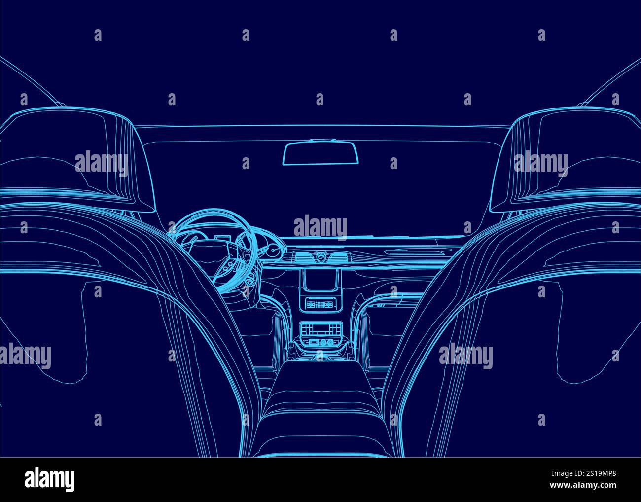 Blue drawing of a car interior with a steering wheel and a dashboard ...