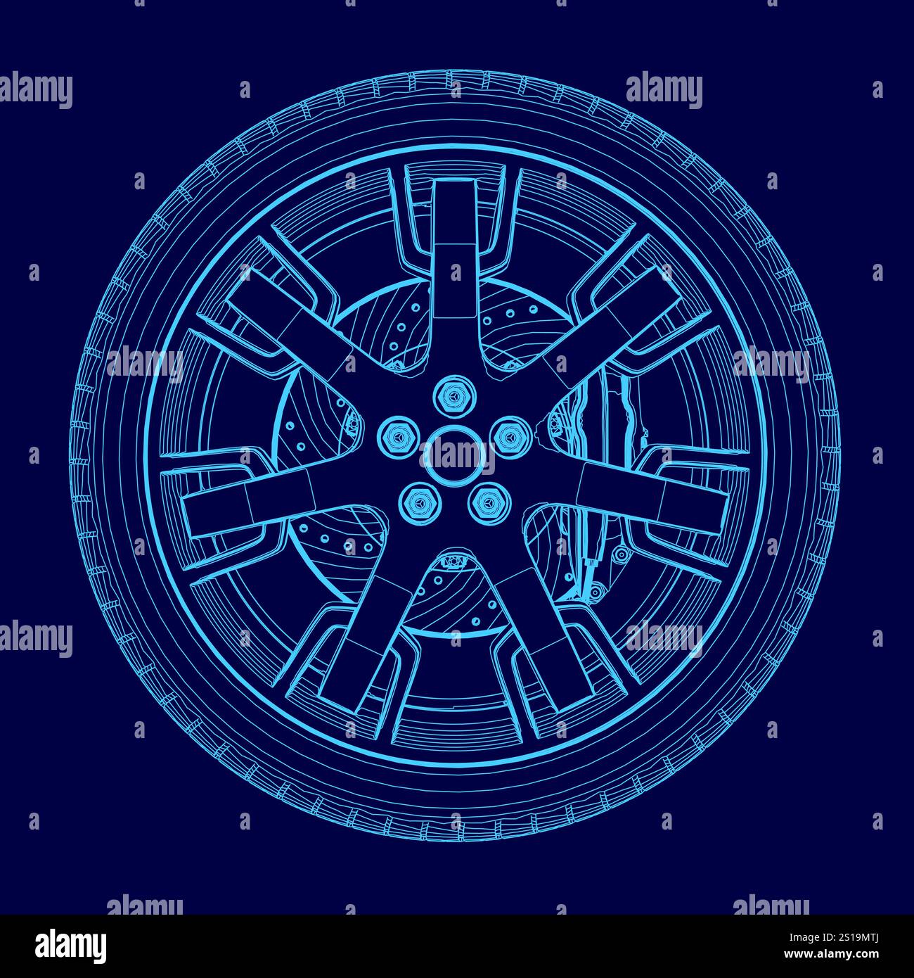 Blue drawing of a wheel with a rim. The wheel is shown in a stylized ...