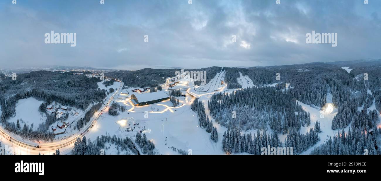 Trondheim 20241230. Panorama drone image of Granaasen ski center, which ...