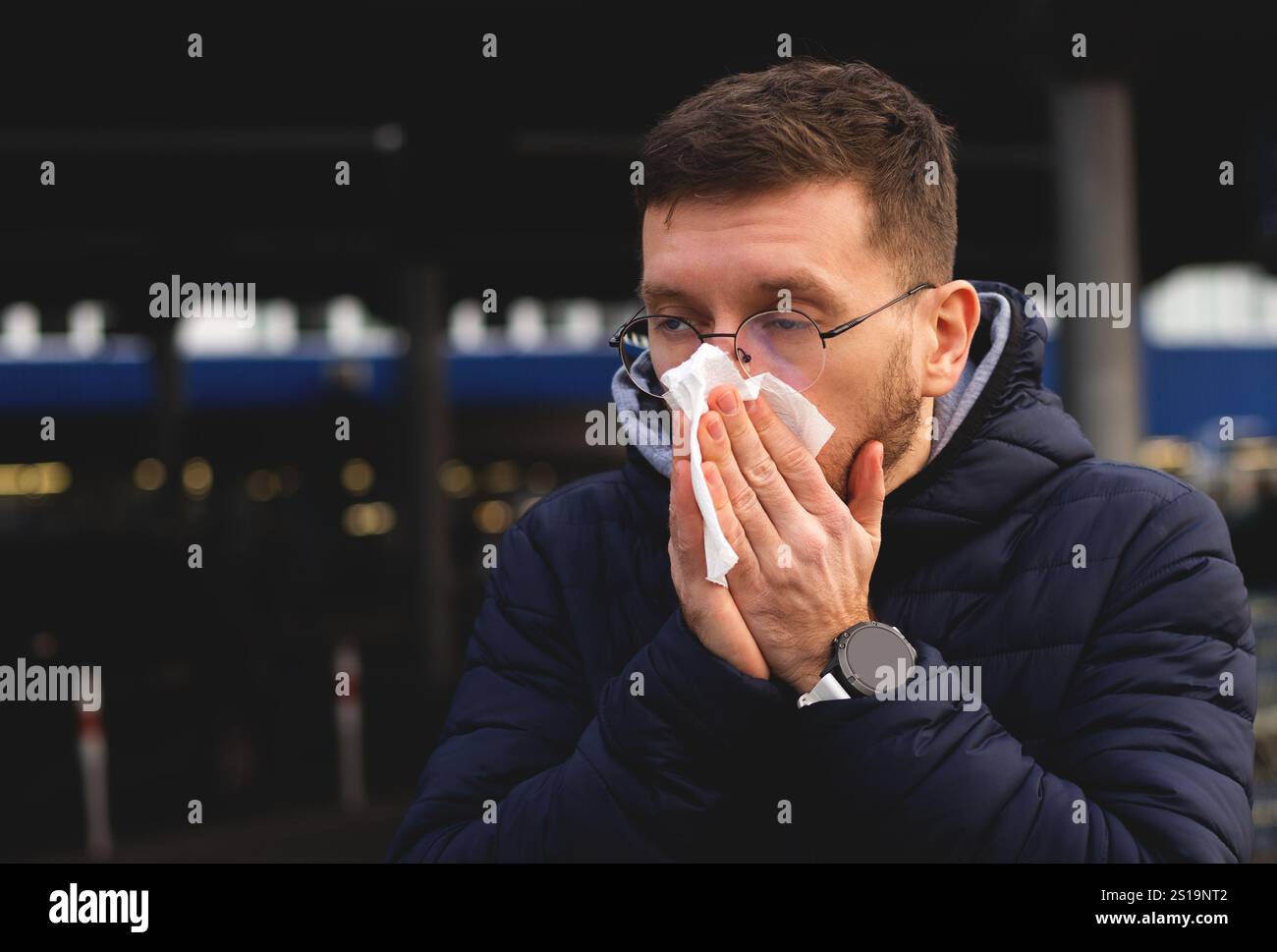 guy with a cold and a runny nose Stock Photo - Alamy