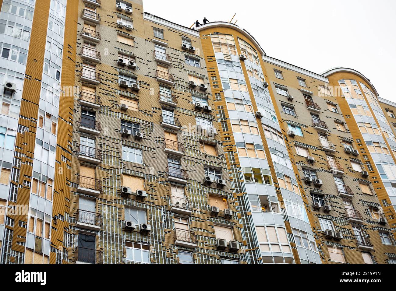 Ukraine. Facade of an apartment building after rocket attack. Windows ...