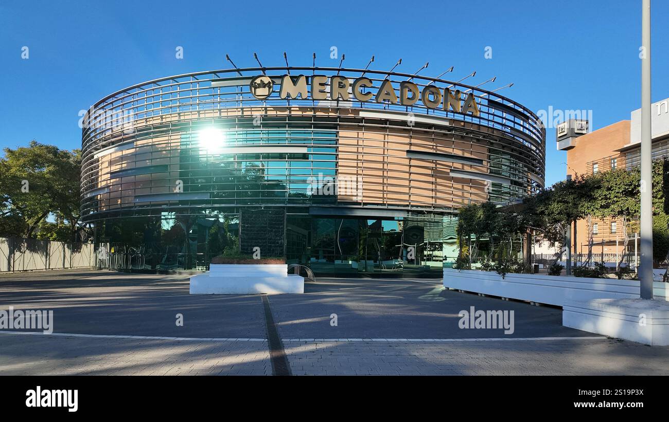 The exterior of a large Mercadona building in Seville, Spain, featuring ...