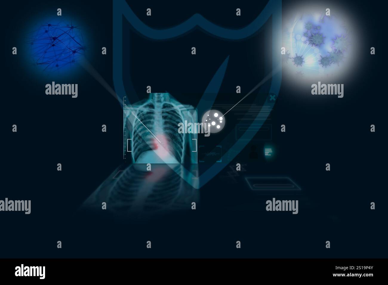 Medical technology. Human skeleton x-ray and patient's data, neural ...
