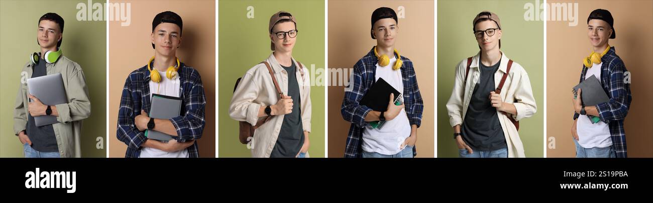 Teen boy, collage of portraits on different colors backgrounds Stock ...