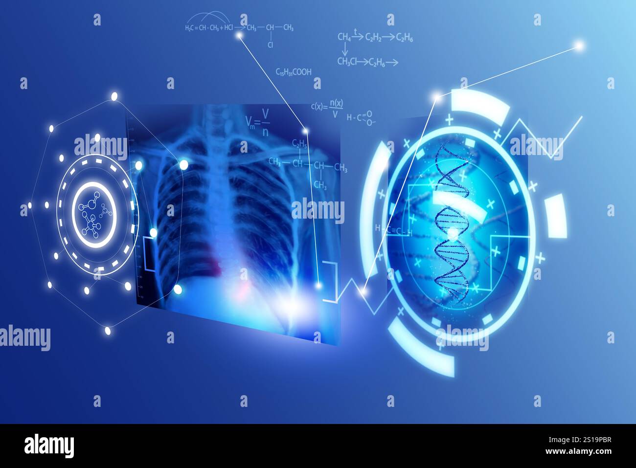 Medical technology. Human skeleton x-ray, DNA and chemical formulas on ...