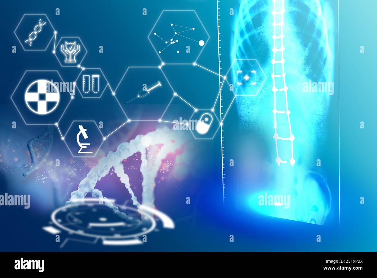 Medical technology. Different healthcare icons, human skeleton x-ray ...