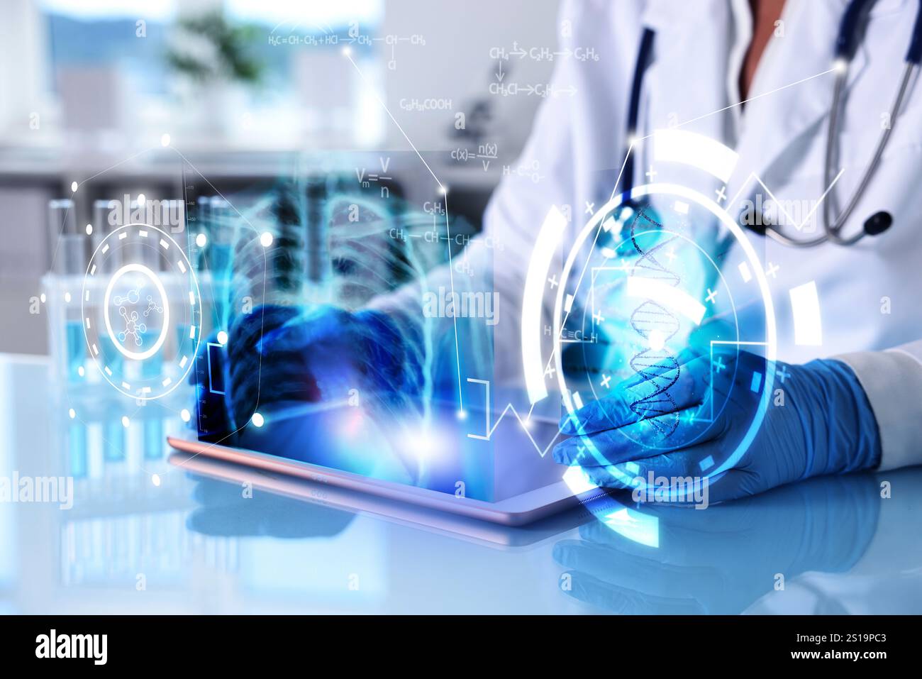 Medical technology. Doctor using tablet with virtual screen, closeup ...