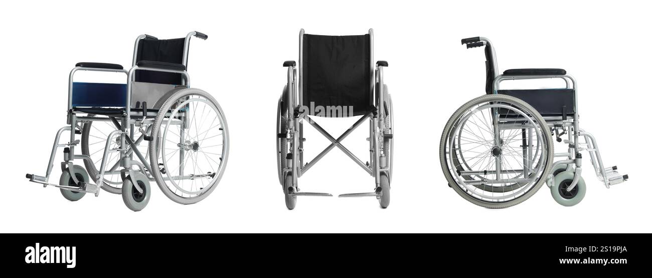 Wheelchair isolated on white, collage. Different sides views Stock ...