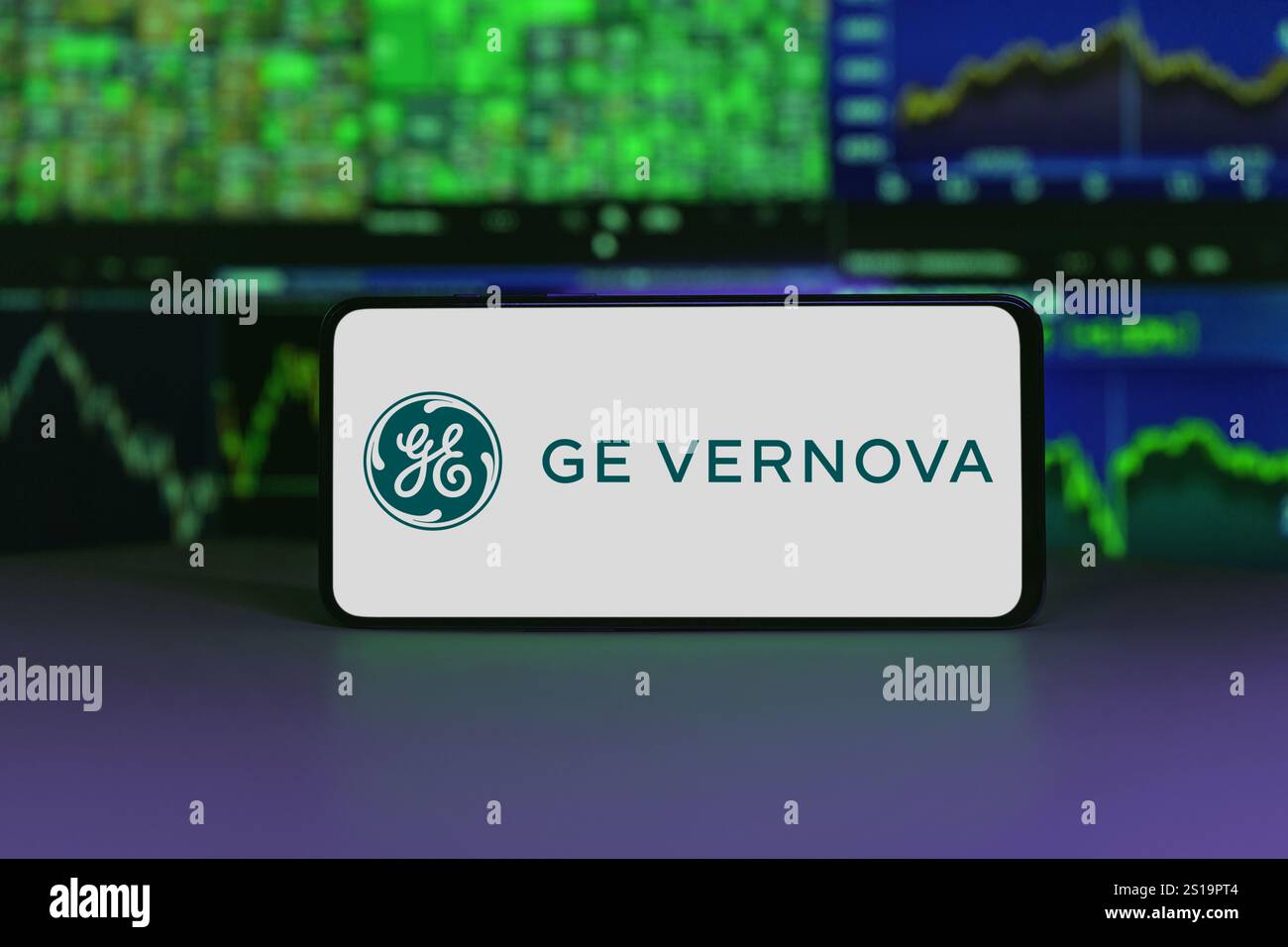 GE Vernova logo displayed on a smartphone screen with stock market ...