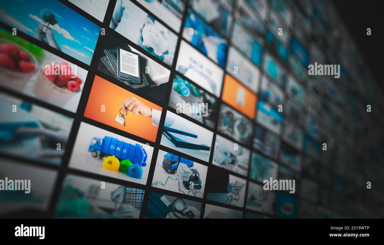 Media concept video wall with small screens, streaming service or VOD ...