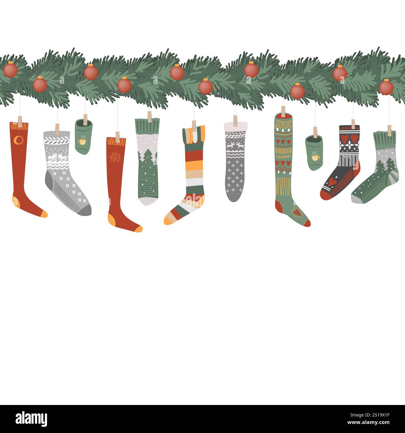 Christmas Fir seamless garland decorated with cozy socks and red balls ...