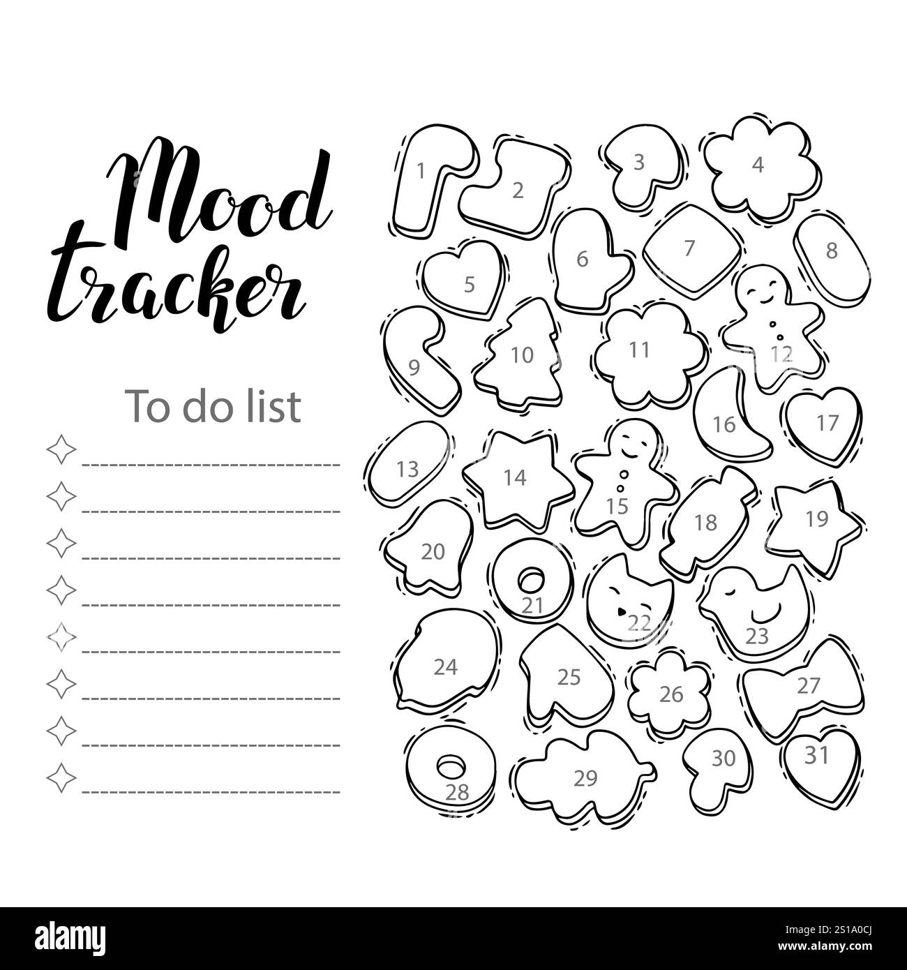 Mood tracker blank with hand drawn lettering and floral sketch. Bullet ...