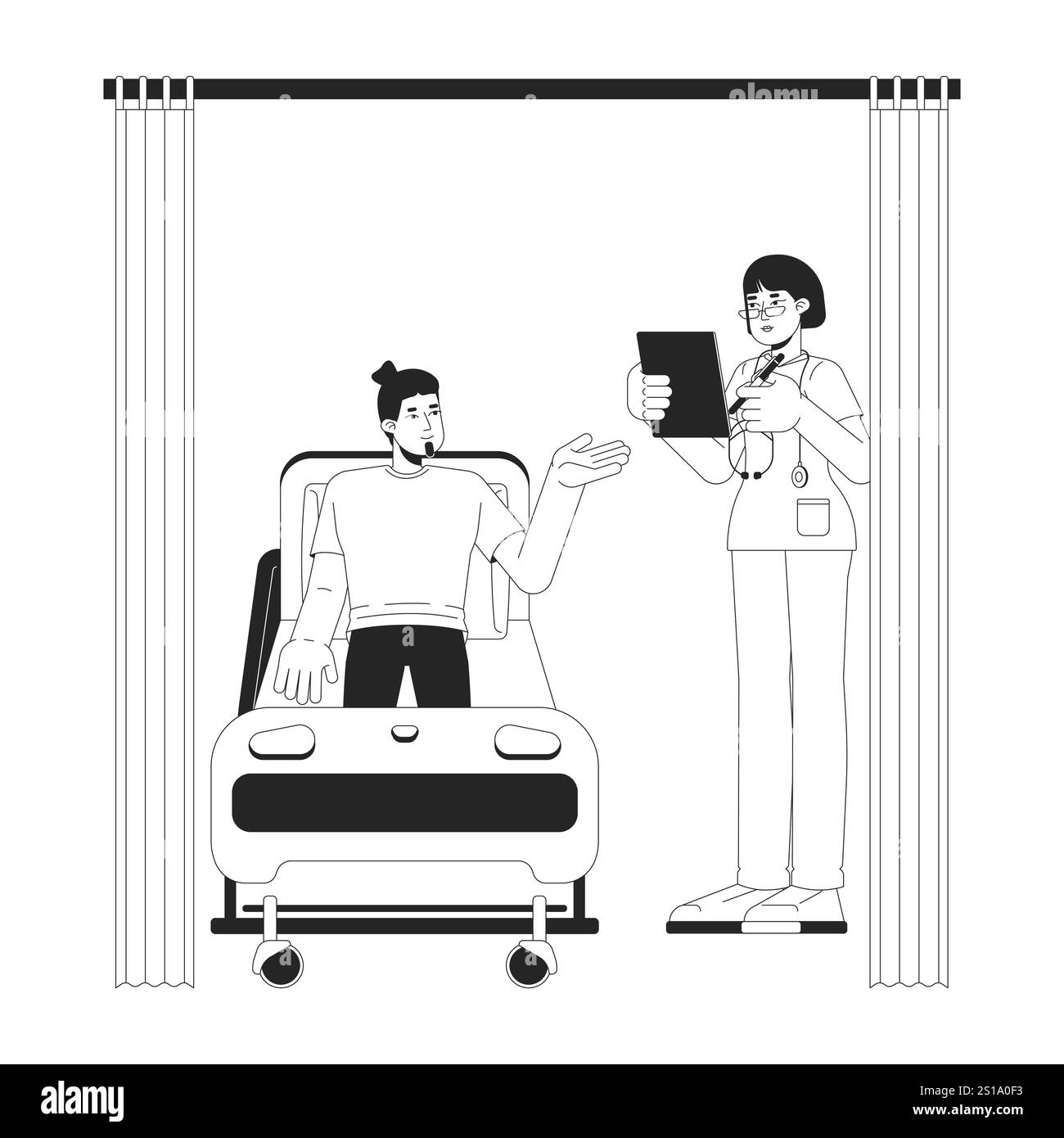 Female nurse, male patient discussion in hospital room black and white ...