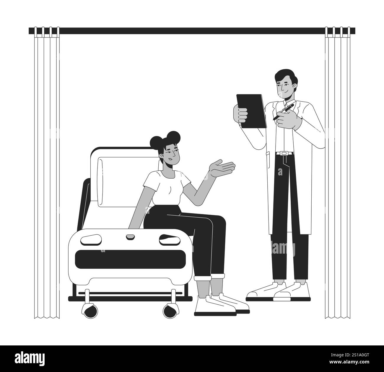 Male doctor consulting female patient on hospital bed black and white ...