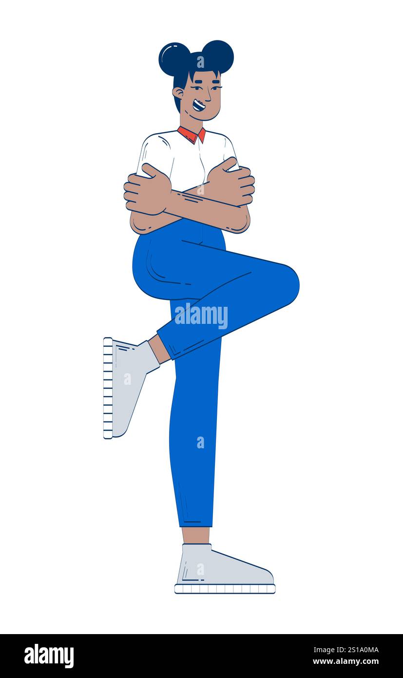 Smiling black woman arms crossed with one leg against wall 2D doodle ...