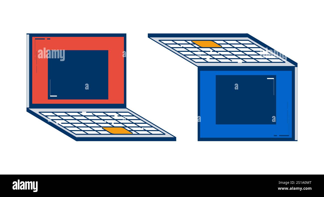Two open laptops placed side by side 2D doodle objects set Stock Vector ...