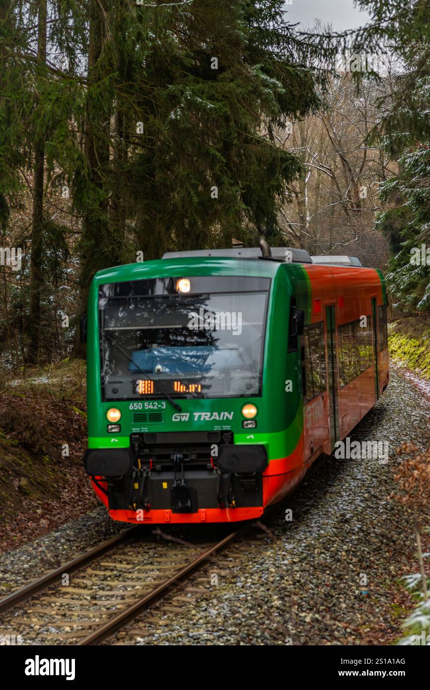 Color private passenger train in winter forest near Lcovice stop CZ 12 ...