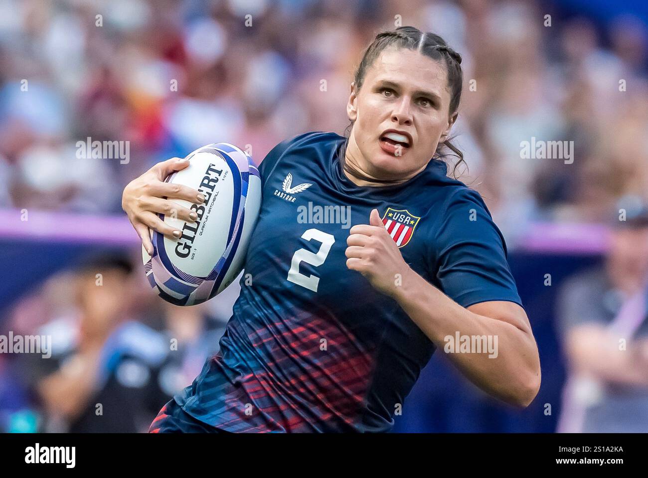 United States forward Ilona Maher (USA) (2) runs with the ball during ...