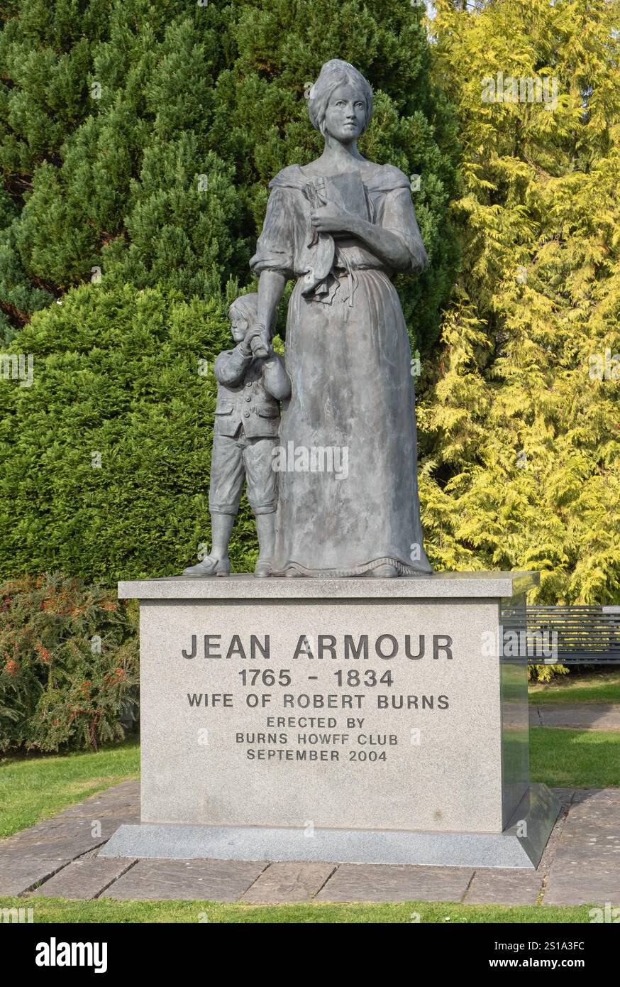 A bronze statue of Robert Burns wife with a child at her side, Dumfries ...