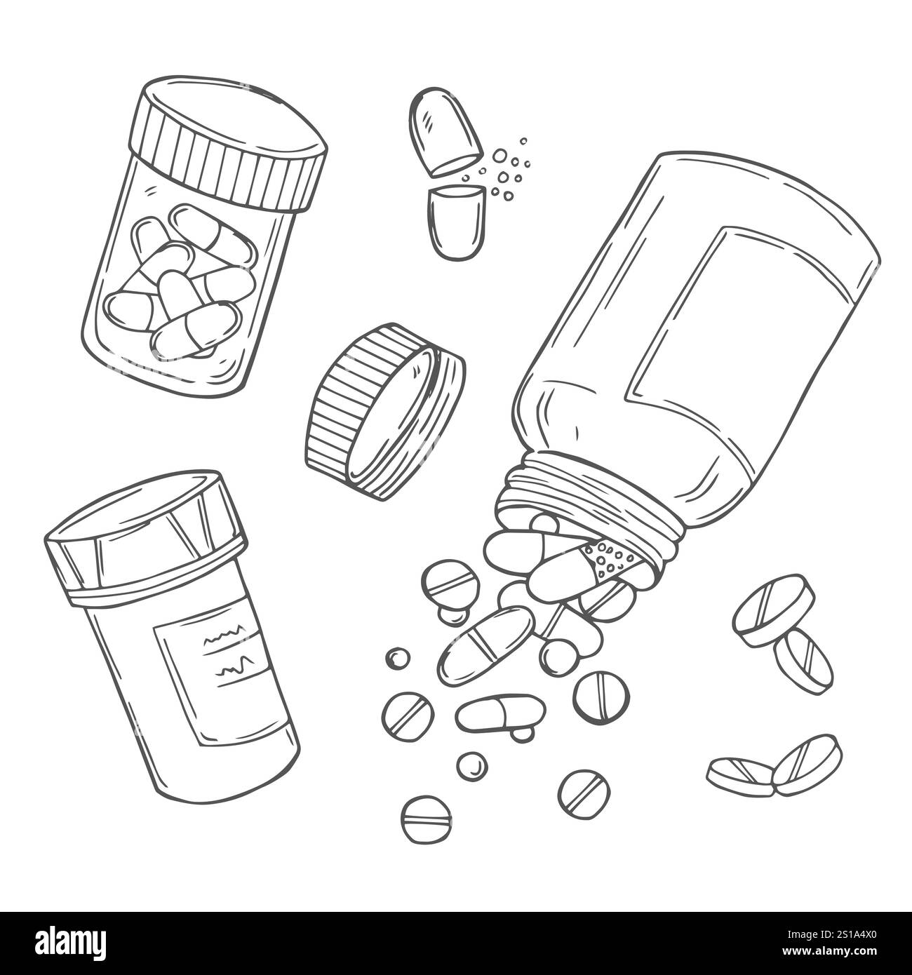 Vector sketch pills, tablet, capsule and package bottle isolated on ...