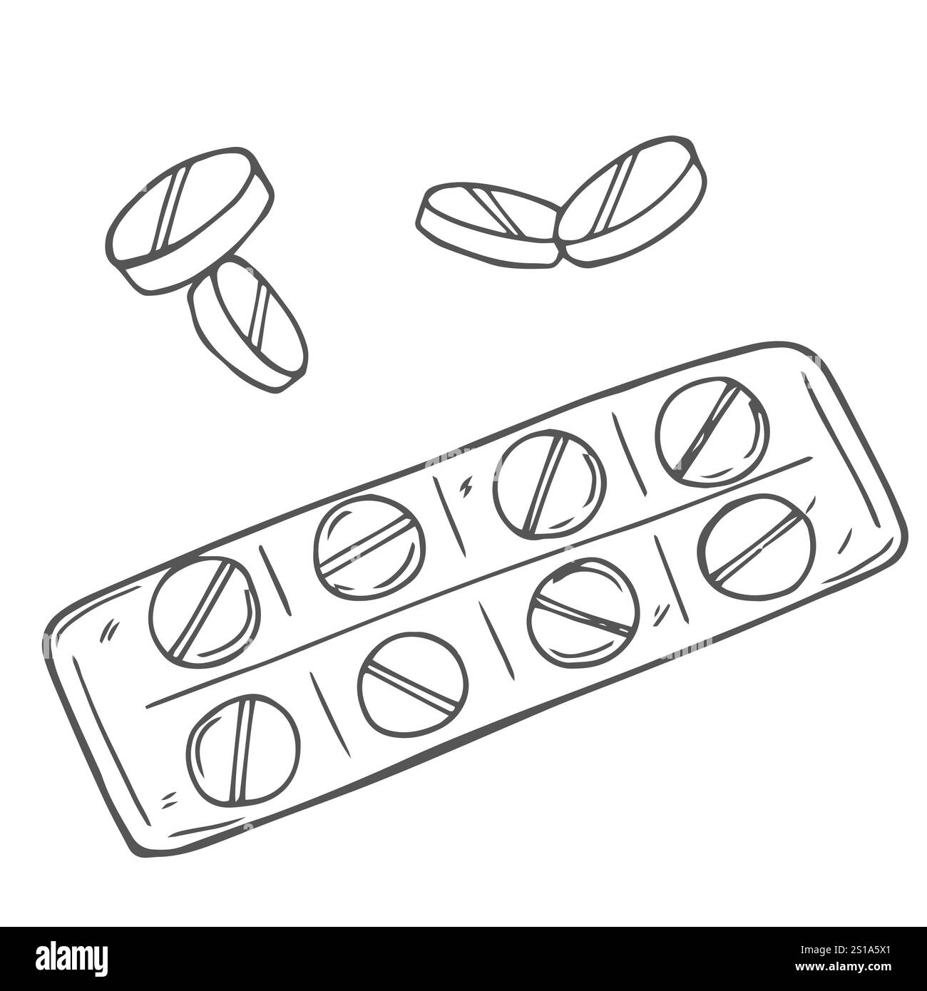 Sketch illustration of pills blister. Drugstore product. Black outline ...
