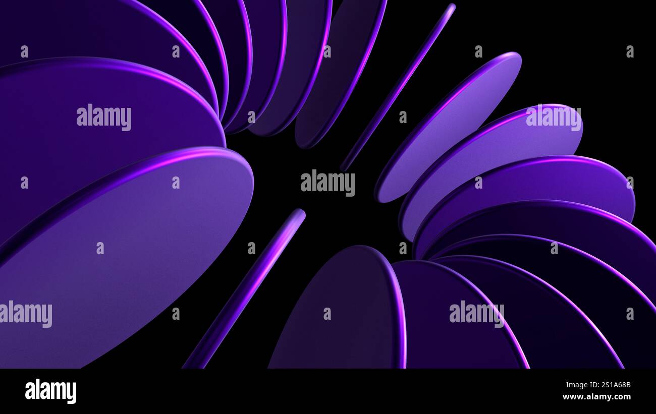 Rotating glowing 3d circles around their axis on a black background ...